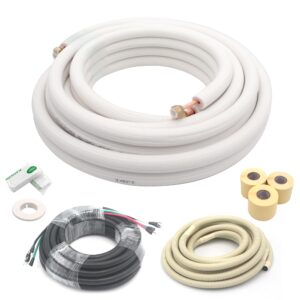 taurox 25ft mini split line set 1/4" & 3/8" o.d copper pipes tubing and 3/8" white thickened pe insulation coil, for mini split air conditioning or heating pump equipment and hvac with flared nuts.