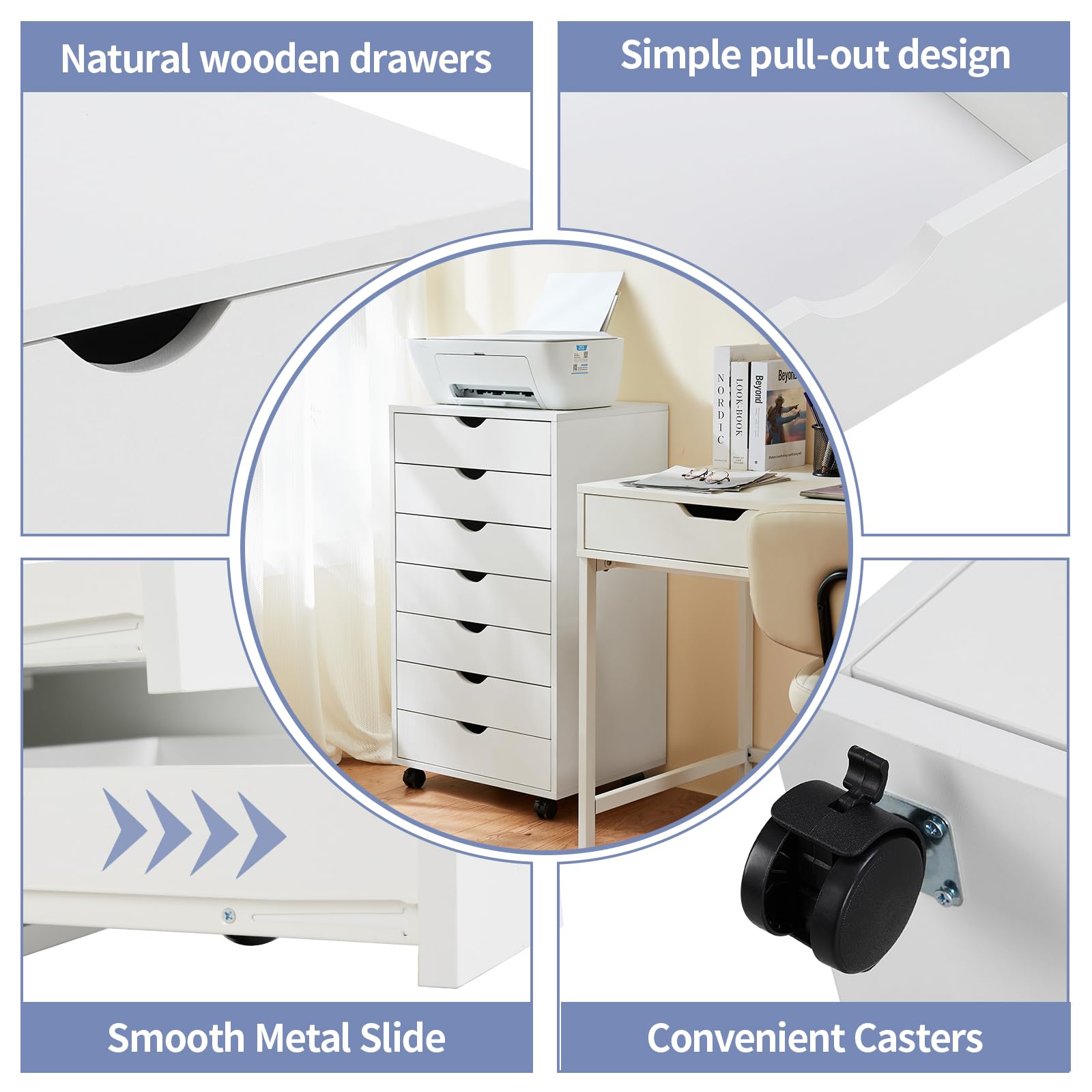 NEWBULIG Drawer Chest Storage Organizer, Mobile File Cabinet Wood Dresser Printer Stand for Home Office Study, 7-Layers, White