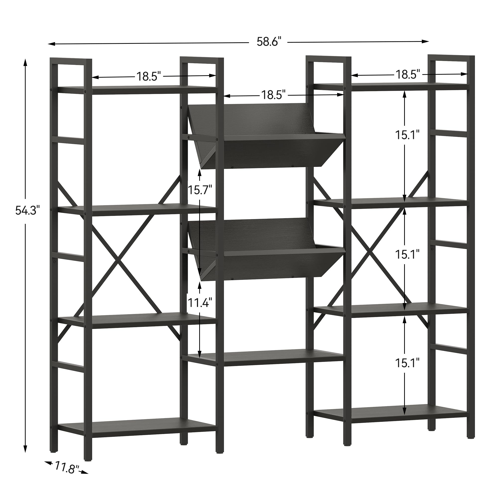 GAOMON Triple Wide 4 Tier Book Shelf, 54.3” Large Bookcase with 11 Open Shelves, Industrial Bookshelves and Bookcases with Metal Frame for Home Office, Study Room, Living Room-Black