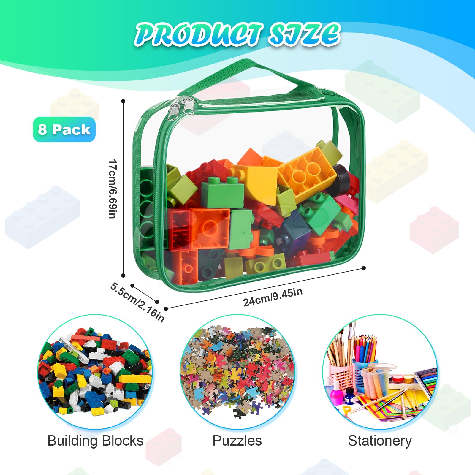 8 Packs Toy Storage Bags with Zipper, Clear PVC Organizing Bags, Reusable Toy Storage Organizer with Portable Handle, Travel Waterproof Organizer Bags for Building Blocks, Puzzle, Toys and Books