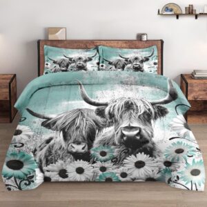 wecozy comforter set queen size with 2 pillowcases, highland cow animal 3 pcs bedding set for kids and adults, buffalo bull farm daisy soft comforter set for bedroom bed decor