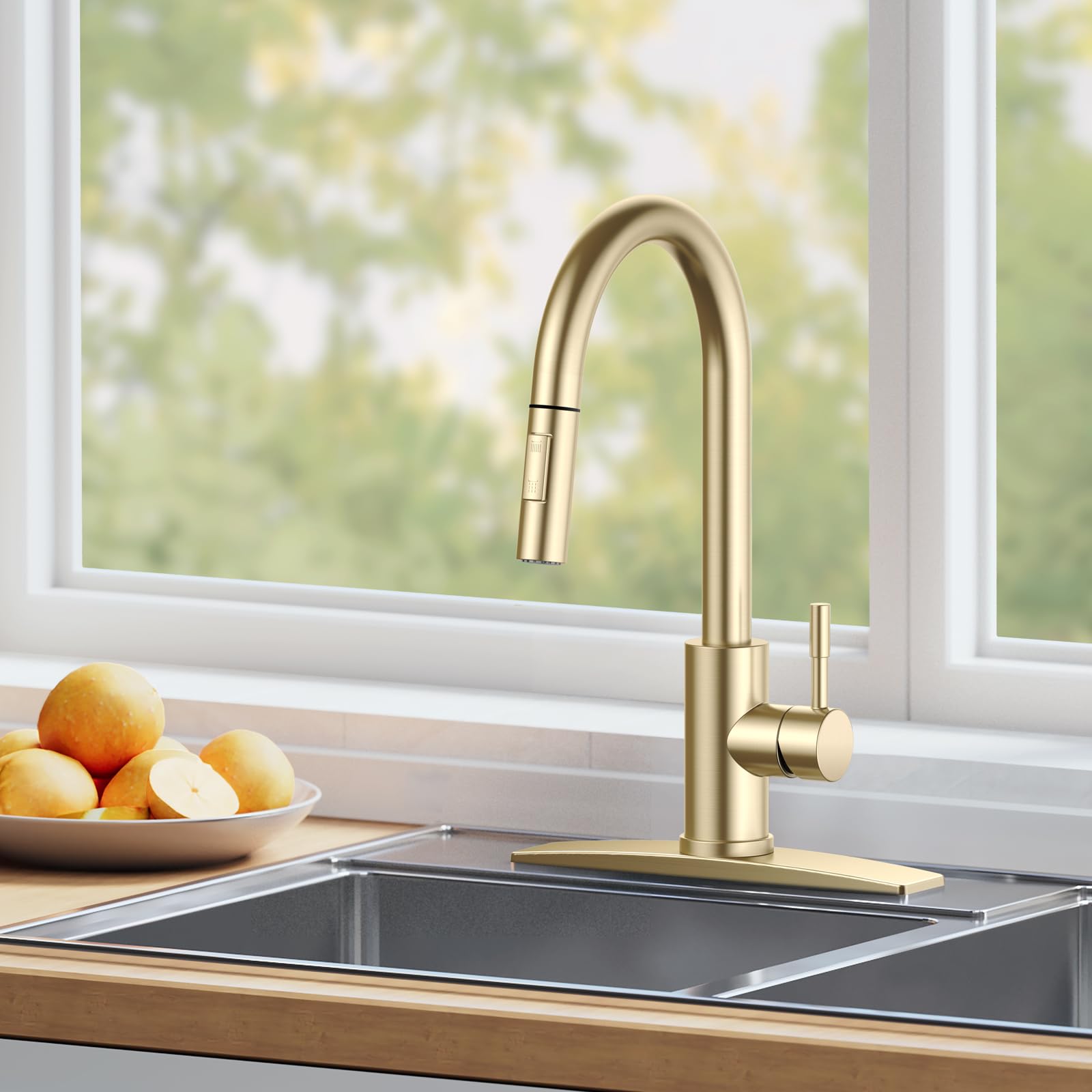 FORIOUS Gold Kitchen Faucets, Brushed Gold Kitchen Faucet with Pull Down Sprayer, Kitchen Sink Faucet Champagne Gold, High Arc Stainless Steel Classic Faucet for Kitchen Sink, Bar, Farmhouse, Laundry