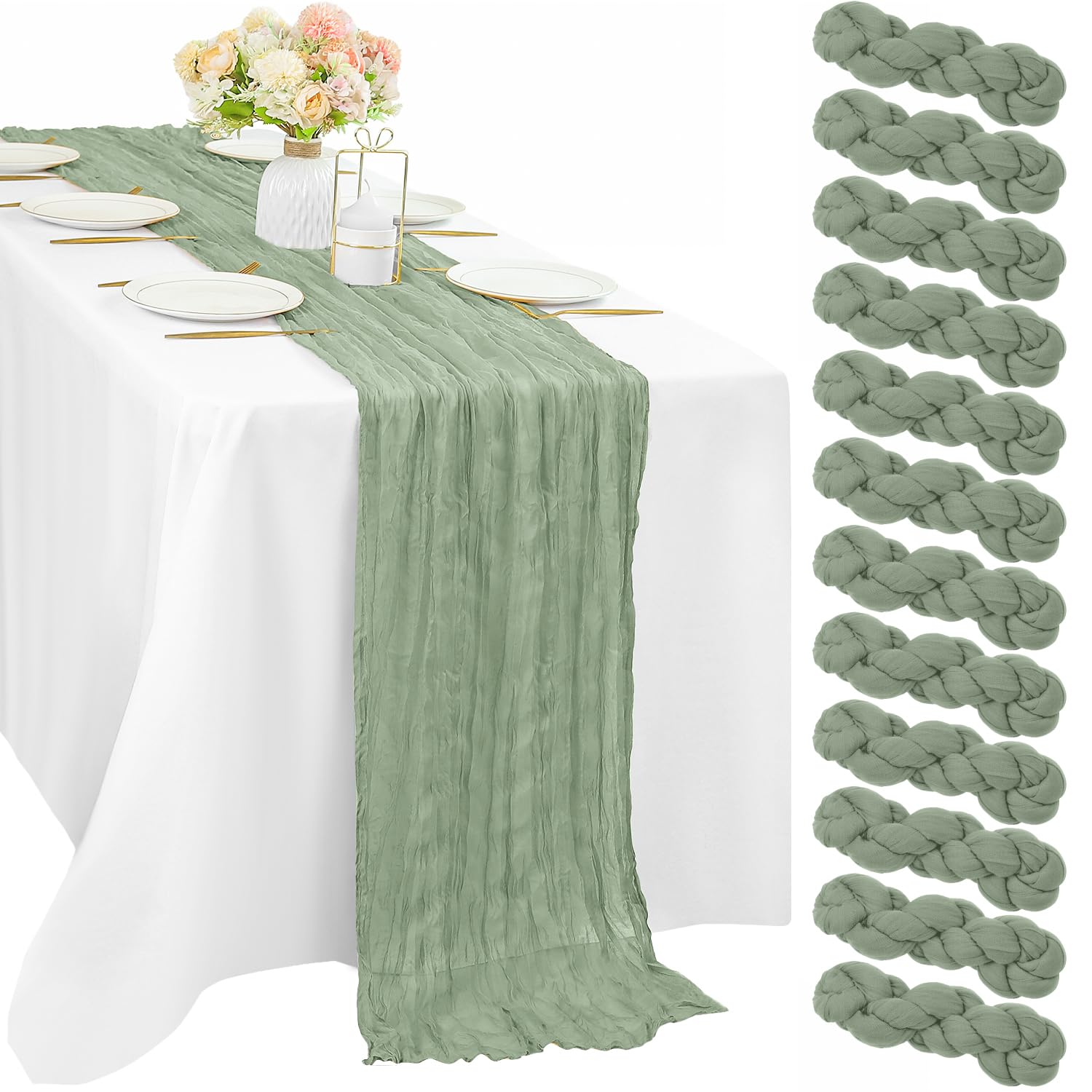 12 Pcs 10FT Sage Green Cheesecloth Table Runner 35 x 120 Inches Long Runner for Tables Gauze Fabric Boho Table Runner Decoration Rustic Sheer Runner for Wedding Baby Shower Birthday Party (Sage Green)