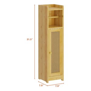 TRIFEBLE Bathroom Storage Cabinet, Small Bathroom Cabinet Organizer, Toilet Paper Storage Cabinet, Bamboo Bathroom Floor Cabinet with Rattan Door, Bathroom Furniture for Small Spaces, Natural