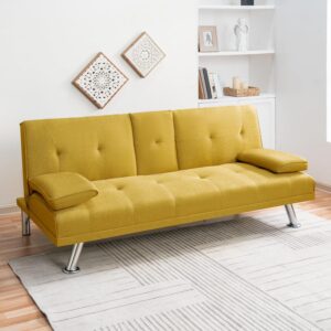 Naomi Home Transform Your Living Space with Comfort Green Futon Sofa Bed with Armrest, Cupholders, & Reclining Function, Ideal for Cozy Living Rooms! Sofa Bed Couch with Metal Legs, Yellow Linen