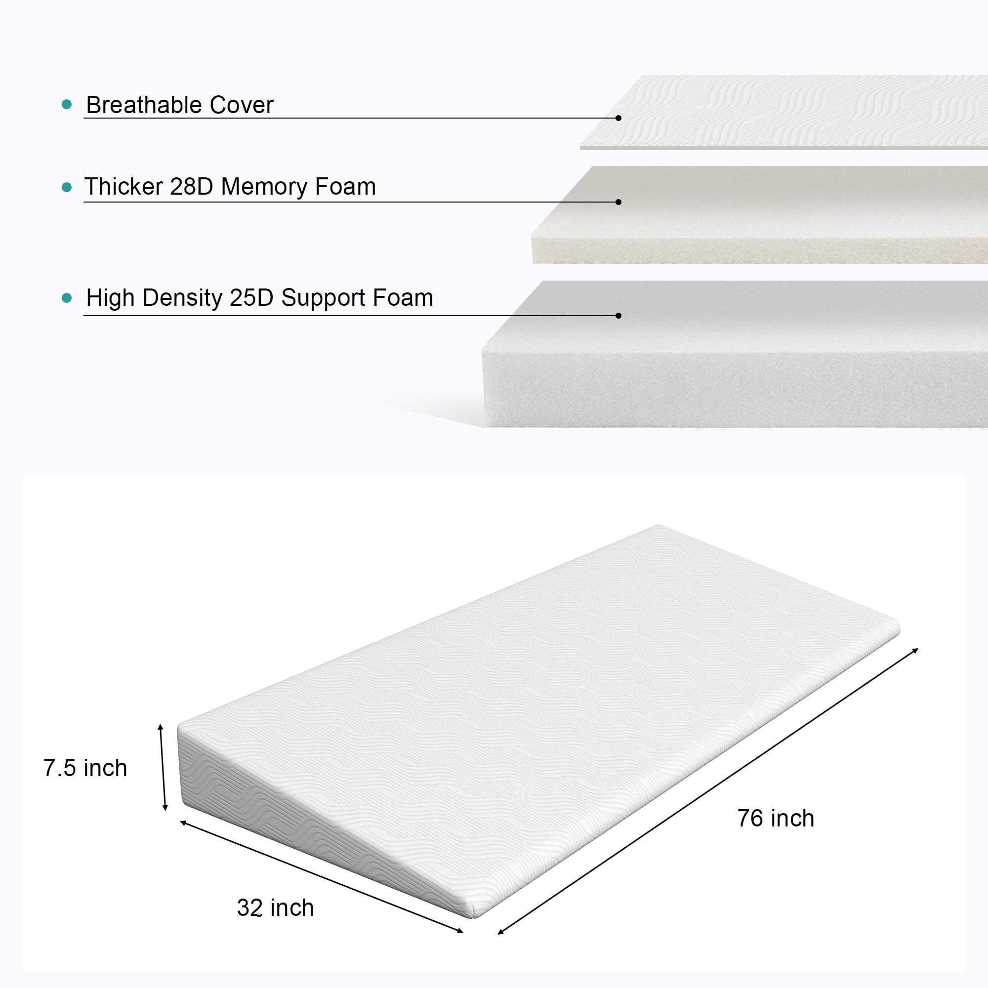 TOLEAD Bed Inclined Wedge Pillow, 7.5 Inch Incline Mattress Topper, Wedge Mattress Elevator for Anti-snoring, King