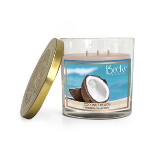 coconut beach scented 3-wick candle in glass jar | candles for home | 14.5oz rustic home decor novelty candle | 60 hour burn time candle