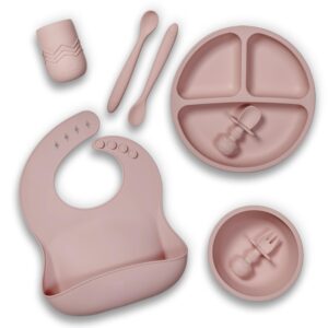 silicone baby feeding set, baby led weaning supplies - suction plate and bowl, self feeding spoon and fork, 2 bendable spoons, tiny cup, bib, first stage eating utensils, baby dishes