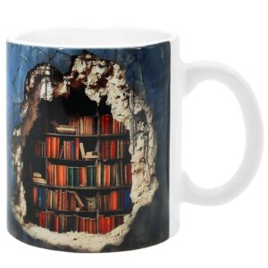 uqooqfa library bookshelf mug: 11oz 2d bookshelves hole in a wall mug book lovers coffee cup ceramic bookish for men and women for indoor home office (a)