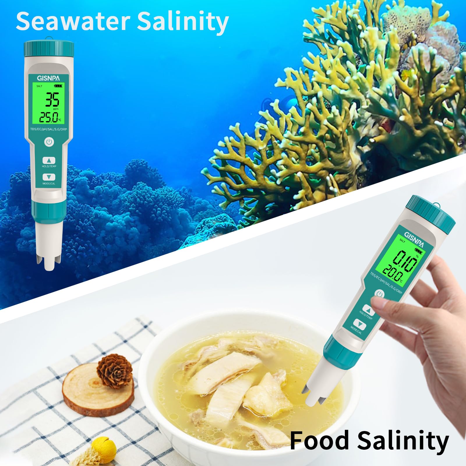 GISNPA 7 in 1 pH/TDS/EC/ORP/S.G/Salinity/Temp Meter with ATC pH Tester, 0.01 Resolution High Accuracy Digital pH Meter, Water Tester for Drinking, Hydroponics, Swimming Pool and Aquarium