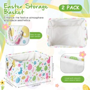 Sunnychicc Easter Basket, Easter Eggs Bunny Flower Foldable Storage Bins with Handles, Easter Canvas Cubes Fabric Collapsible Organizer Bag for Storage Clothes(Bunny Eggs, 2 Pcs)