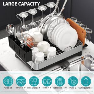 Urackify Dish Drying Rack for Kitchen Counter, 304 Stainless Steel Dish Rack, Multi-Function Dish Drainer with Wine Glass Holder, Large Dish Strainer with Cup Holder, Cutlery Holder, Large Size