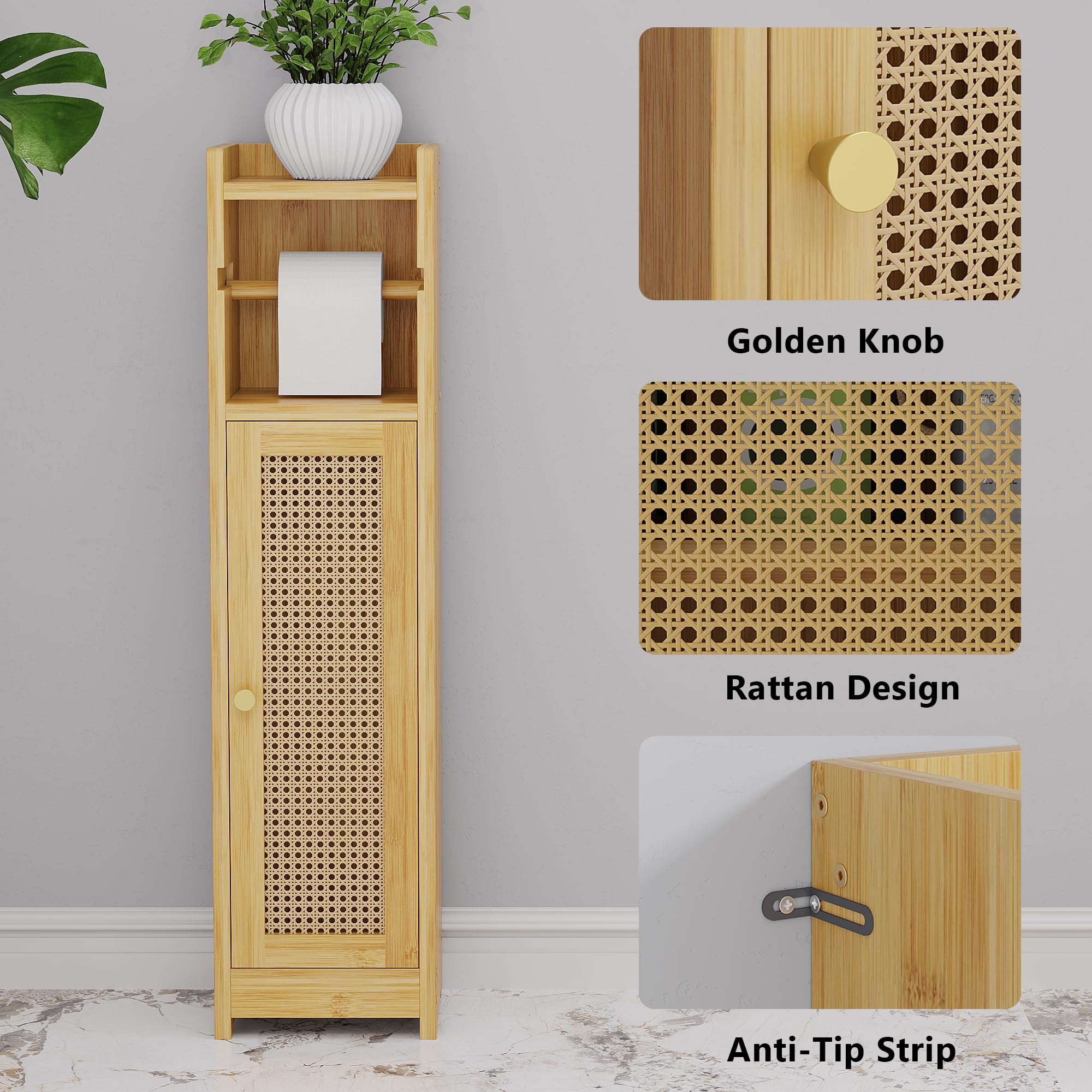 TRIFEBLE Bathroom Storage Cabinet, Small Bathroom Cabinet Organizer, Toilet Paper Storage Cabinet, Bamboo Bathroom Floor Cabinet with Rattan Door, Bathroom Furniture for Small Spaces, Natural