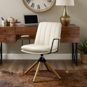 art leon desk chair no wheels, mid century modern swivel accent chair with oak wood legs, faux leather armchair for small spaces home office living room bedroom, off white