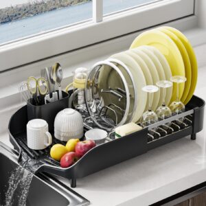 Urackify Extendable Dish Drying Rack, Foldable Dish Rack, Adjustable Dish Drainer for Kitchen - Non-Scratch and Movable Cutlery Holder and Drainage Spout, Black