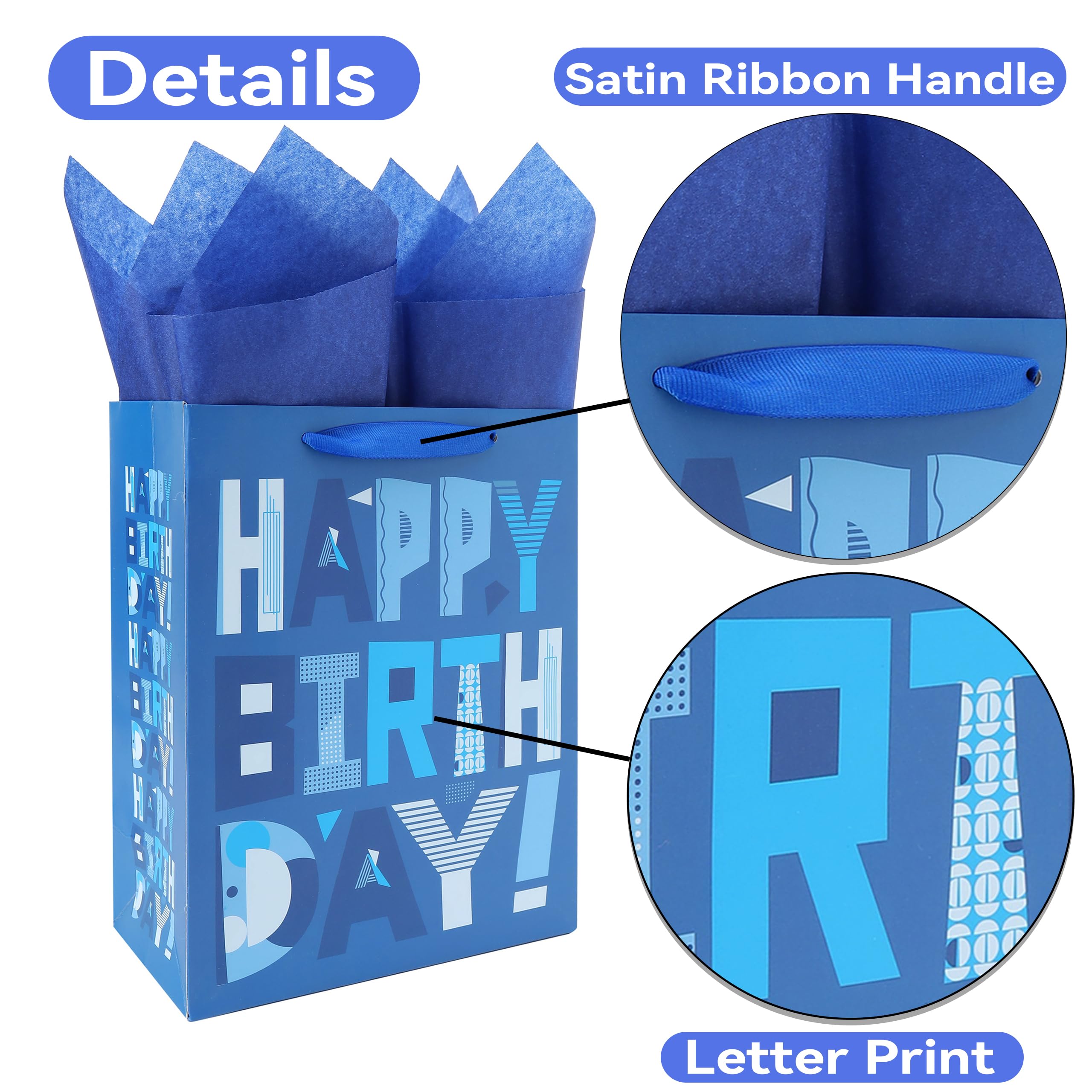 2 Pack 10.6” Medium Blue Gift Bag Set with Greeting Card and Tissue Papers (Blue Happy Birthday) for Men's Birthday Party, Kids' Parties, Baby Shower, or Baby Boy - 8.3”x4.3”x10.6”, 1 Pcs