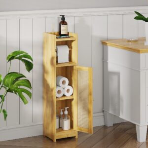 TRIFEBLE Bathroom Storage Cabinet, Small Bathroom Cabinet Organizer, Toilet Paper Storage Cabinet, Bamboo Bathroom Floor Cabinet with Rattan Door, Bathroom Furniture for Small Spaces, Natural