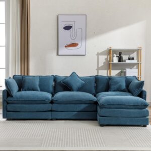 jivoit 112.2" l-shape chenille upholstered sofa with 5 pillows, modern luxury sofa couch with removable ottoman, 3-seater couch sectional sofa set for living room (blue-5 pillows)