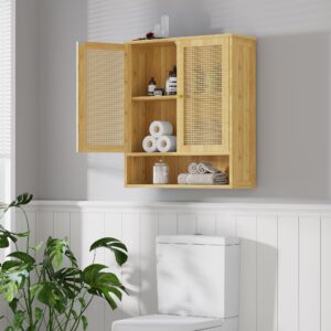 TRIFEBLE Bathroom Wall Cabinet, Bamboo Medicine Cabinet with 2 Rattan Doors and Adjustable Shelf, Over The Toilet Storage Organizer, Natural Cabinet Wall Mounted for Bathroom, Laundry Room, Hallway