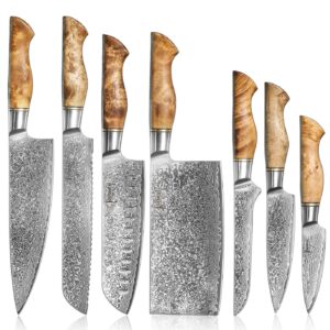 senken 7-piece damascus kitchen knife set - dynasty collection - 67-layer japanese vg10 steel with sycamore wood handles, chef's knife, cleaver, bread, santoku, boning, & more