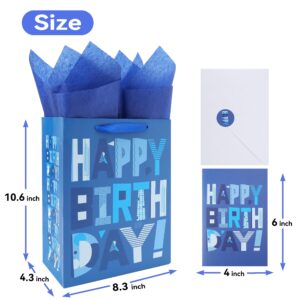 2 Pack 10.6” Medium Blue Gift Bag Set with Greeting Card and Tissue Papers (Blue Happy Birthday) for Men's Birthday Party, Kids' Parties, Baby Shower, or Baby Boy - 8.3”x4.3”x10.6”, 1 Pcs