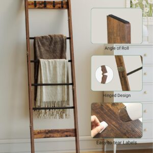 Hzuaneri Blanket Ladder Shelf for Living Room, Decorative Quilt Rack with 4 Removable Hooks, 6-Tier Farmhouse Ladder Holder Organizer for Bedroom, Rustic Brown BR31501B