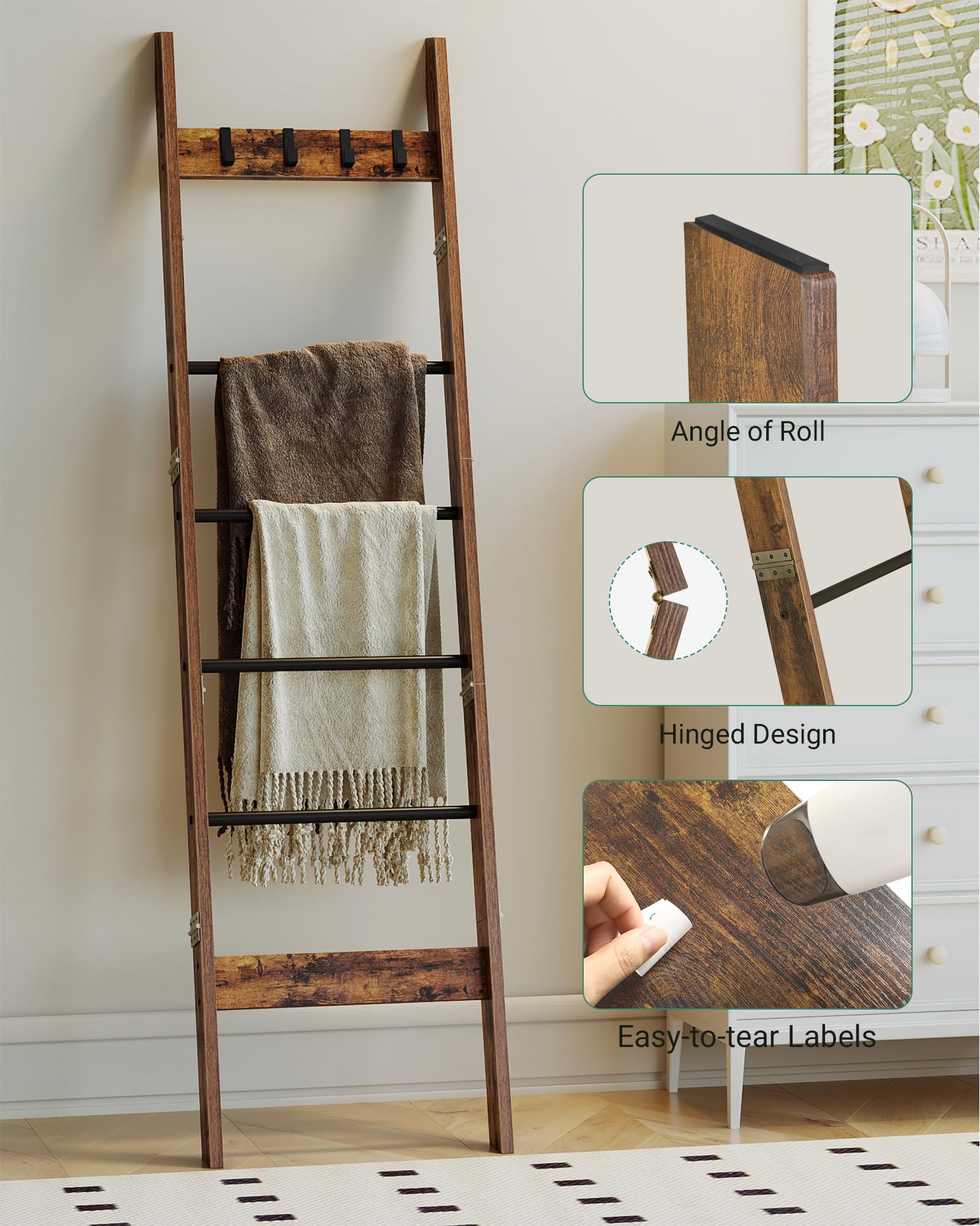 Hzuaneri Blanket Ladder Shelf for Living Room, Decorative Quilt Rack with 4 Removable Hooks, 6-Tier Farmhouse Ladder Holder Organizer for Bedroom, Rustic Brown BR31501B