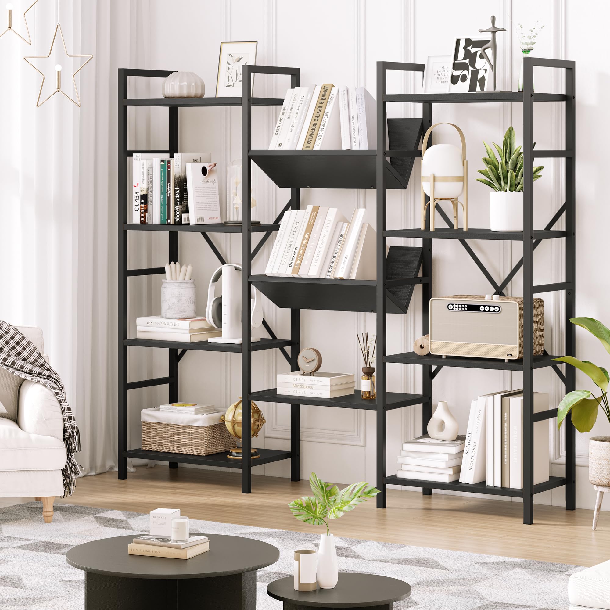 GAOMON Triple Wide 4 Tier Book Shelf, 54.3” Large Bookcase with 11 Open Shelves, Industrial Bookshelves and Bookcases with Metal Frame for Home Office, Study Room, Living Room-Black