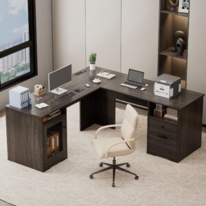 MU L Shaped Desk with File Drawer, 60 Inch Corner Desk with Storage Drawers & Cabinet, Large Home Office Desk with Power Outlets, Wood Executive Office Desk, Grey