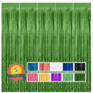 pabues 5 pack 3.3x9.9 feet green foil fringe backdrop curtains, tinsel streamers birthday party decorations, fringe backdrop for graduation, baby shower, gender reveal, disco party