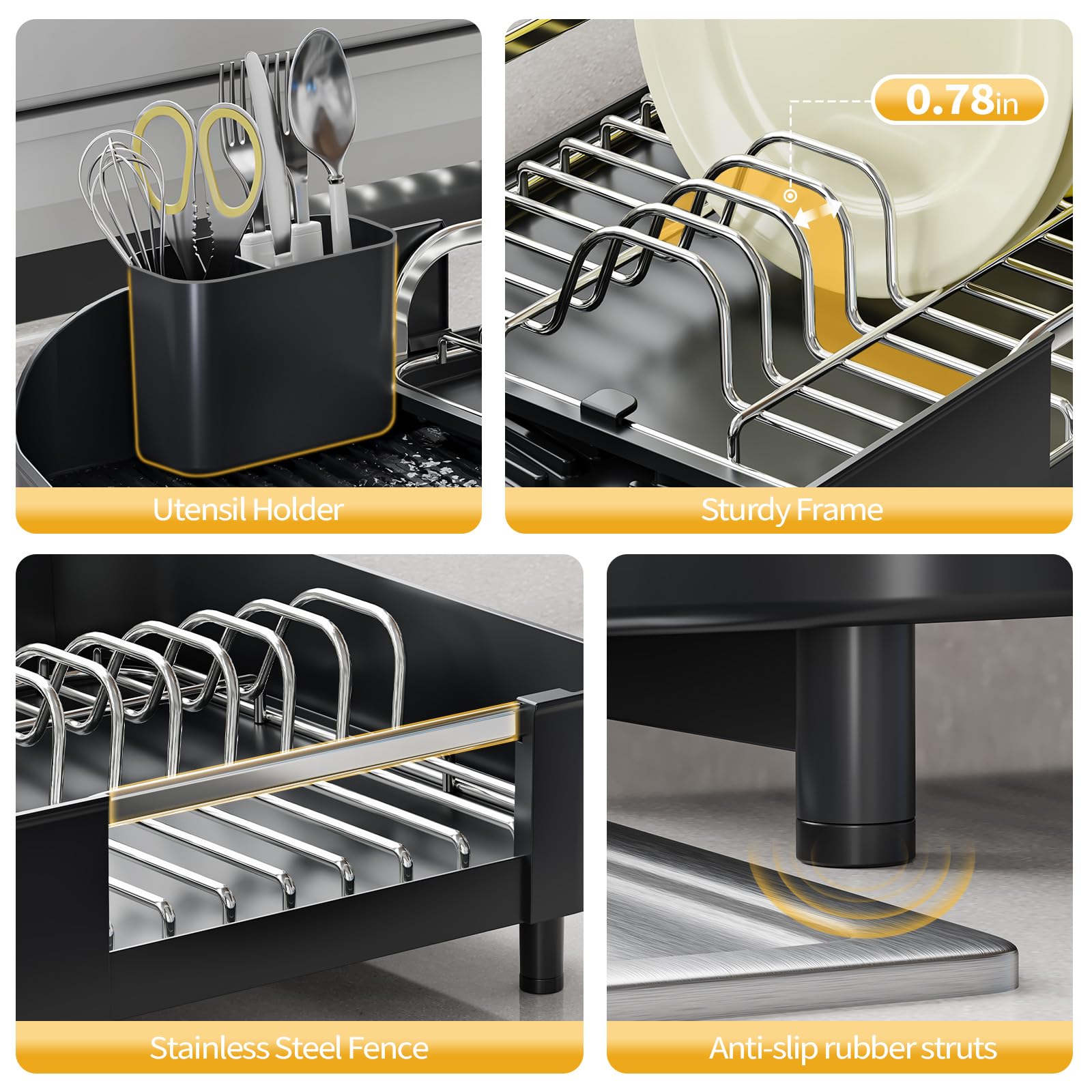 Urackify Extendable Dish Drying Rack, Foldable Dish Rack, Adjustable Dish Drainer for Kitchen - Non-Scratch and Movable Cutlery Holder and Drainage Spout, Black