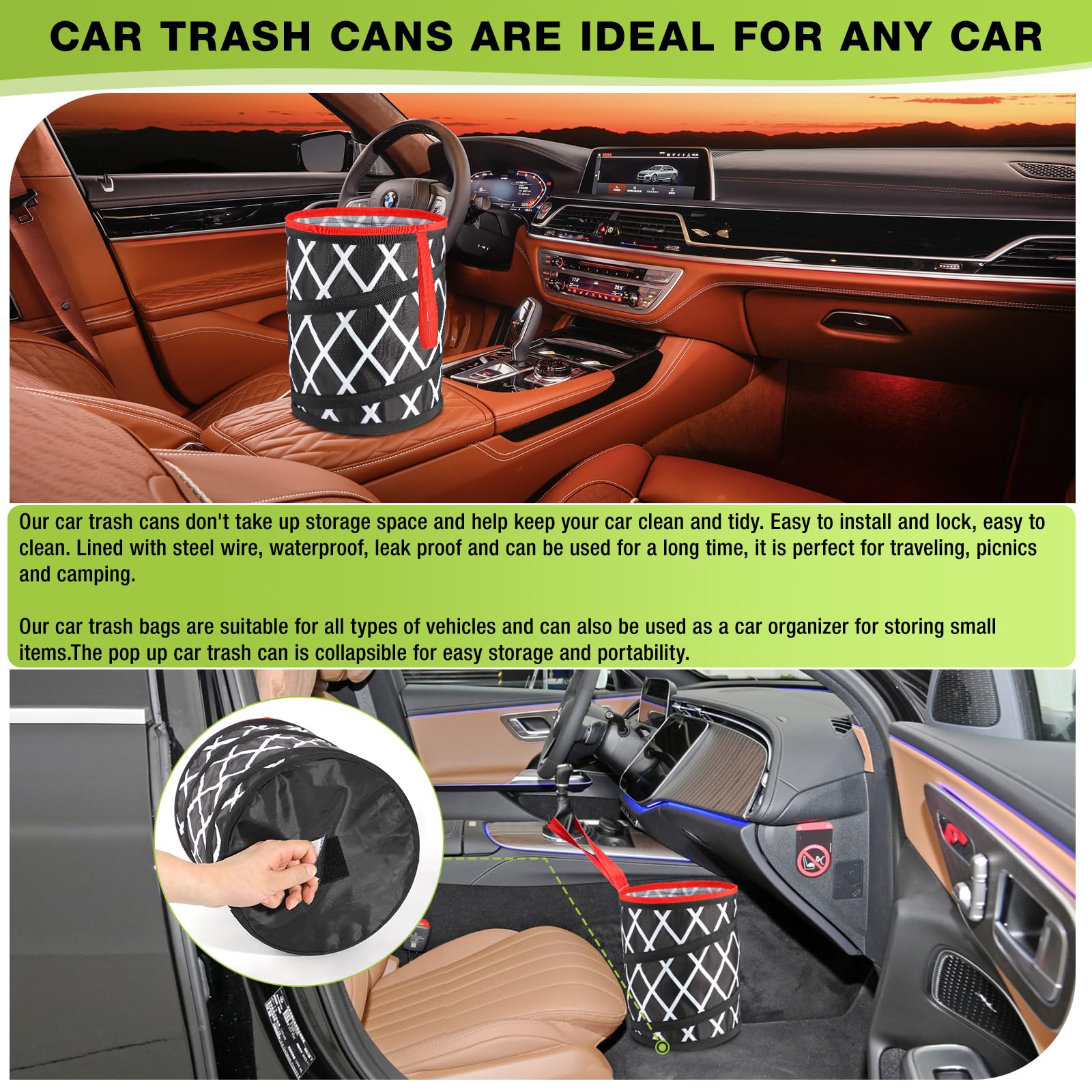 LXURY Car Trash Can, Collapsible,Pop Up Trash Bin,Garbage Can for Truck,Van, SUV,RV,Garbage Can,4.5 Gallon,9.8" X 11.8",