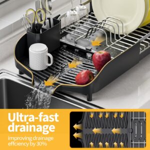 Urackify Extendable Dish Drying Rack, Foldable Dish Rack, Adjustable Dish Drainer for Kitchen - Non-Scratch and Movable Cutlery Holder and Drainage Spout, Black