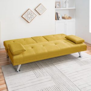 Naomi Home Transform Your Living Space with Comfort Green Futon Sofa Bed with Armrest, Cupholders, & Reclining Function, Ideal for Cozy Living Rooms! Sofa Bed Couch with Metal Legs, Yellow Linen