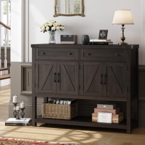 hostack buffet sideboard cabinet with storage, 47.2" modern farmhouse coffee bar with 2 drawers, barn door console table with shelf for kitchen, dining room, living room, entryway (dark brown)