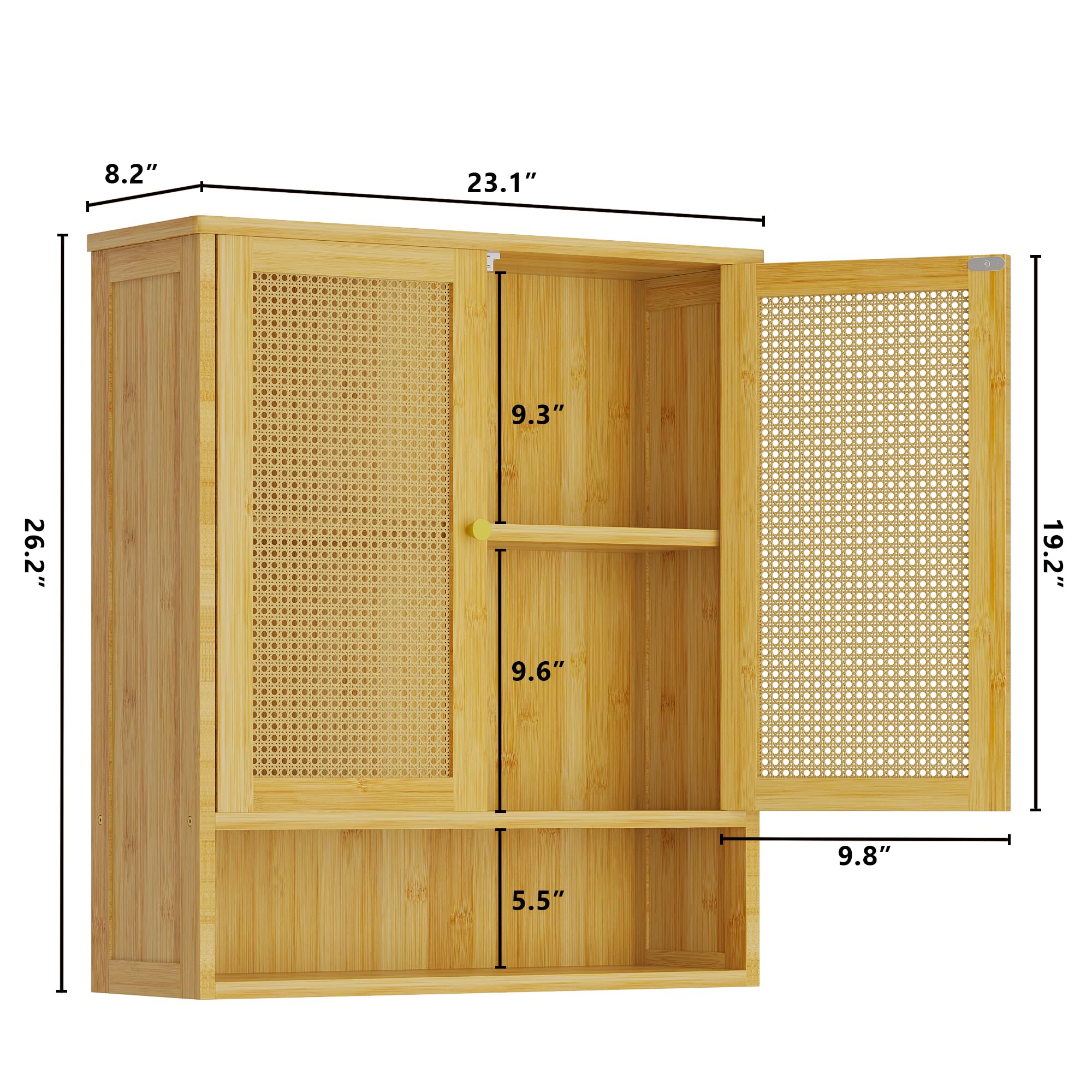 TRIFEBLE Bathroom Wall Cabinet, Bamboo Medicine Cabinet with 2 Rattan Doors and Adjustable Shelf, Over The Toilet Storage Organizer, Natural Cabinet Wall Mounted for Bathroom, Laundry Room, Hallway