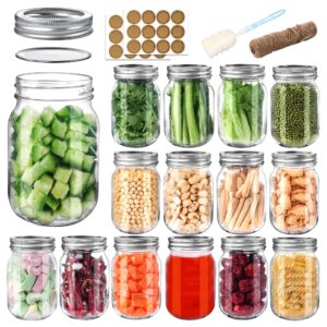 piniwon mason jars 16 oz with airtight lids and bands, 15 pack regular mouth canning jars, clear glass pint jars for canning, pickling, food storage, diy projects, 24 labels, brush & string included