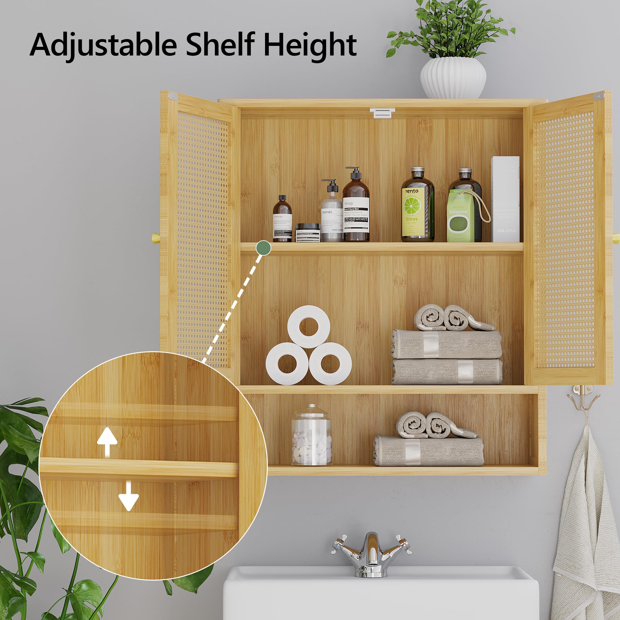 TRIFEBLE Bathroom Wall Cabinet, Bamboo Medicine Cabinet with 2 Rattan Doors and Adjustable Shelf, Over The Toilet Storage Organizer, Natural Cabinet Wall Mounted for Bathroom, Laundry Room, Hallway