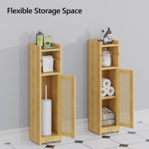 TRIFEBLE Bathroom Storage Cabinet, Small Bathroom Cabinet Organizer, Toilet Paper Storage Cabinet, Bamboo Bathroom Floor Cabinet with Rattan Door, Bathroom Furniture for Small Spaces, Natural