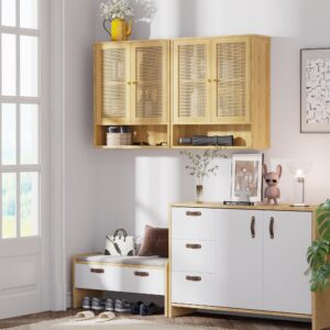 TRIFEBLE Bathroom Wall Cabinet, Bamboo Medicine Cabinet with 2 Rattan Doors and Adjustable Shelf, Over The Toilet Storage Organizer, Natural Cabinet Wall Mounted for Bathroom, Laundry Room, Hallway