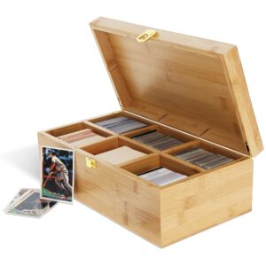 7penn trading card storage box - 6 compartment bamboo card organizer box with dividers - 1200 card latching wooden top loading organizing case for collecting sports cards and role playing game cards