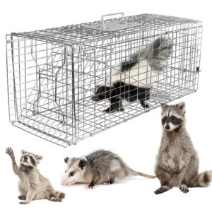 kocaso live animal trap cage, folding large humane heavy duty trap cage catch release live animal rodent trap cage collapsible galvanized wire for raccoons beavers groundhogs foxes armadillos