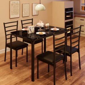 glass dining table set for 4, kitchen table and chairs for 4, 5 piece kitchen dining room table set,space-saving wood modern rectangle dinner table dinette furniture for breakfast nook,home office