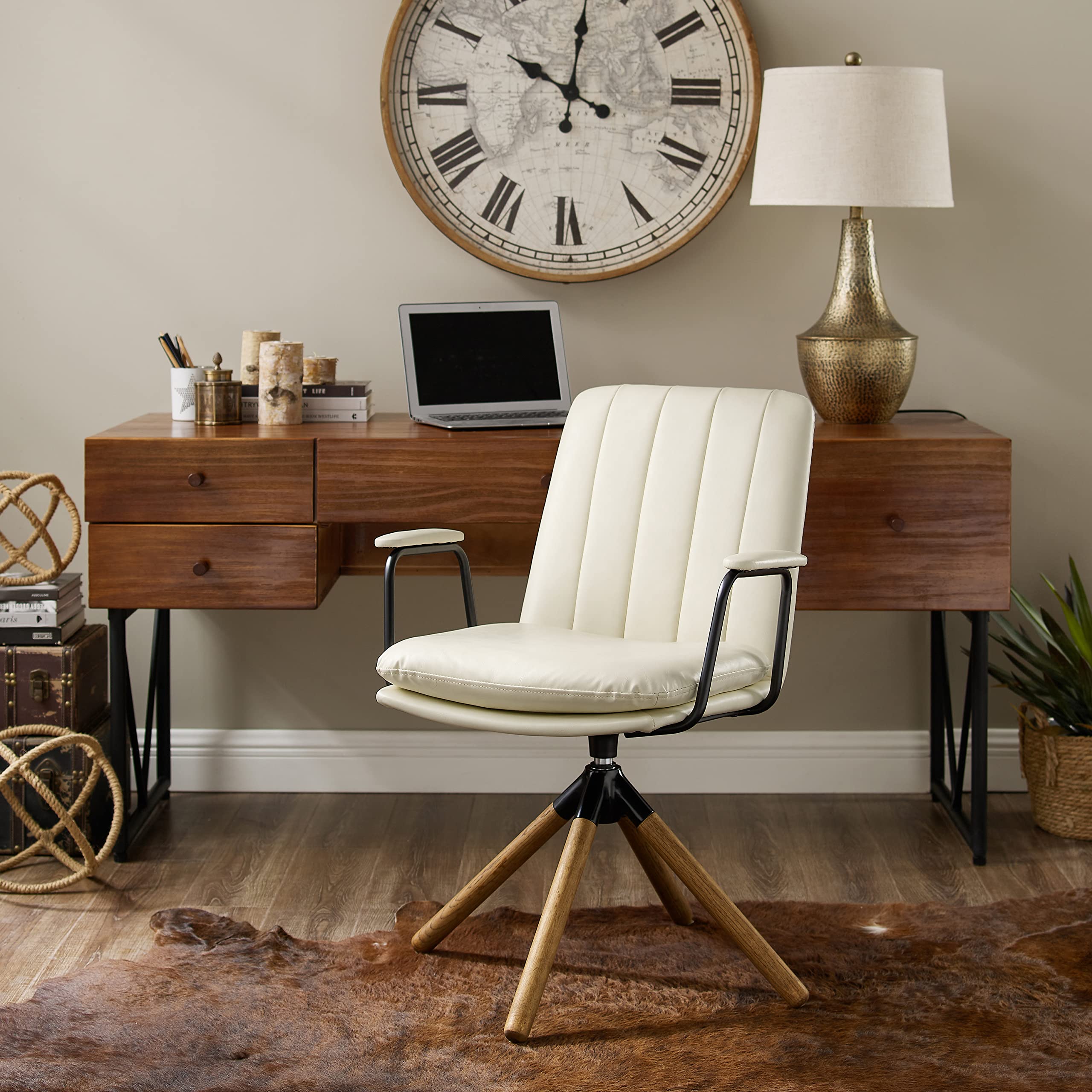 Art Leon Desk Chair No Wheels, Mid Century Modern Swivel Accent Chair with Oak Wood Legs, Faux Leather Armchair for Small Spaces Home Office Living Room Bedroom, Off White