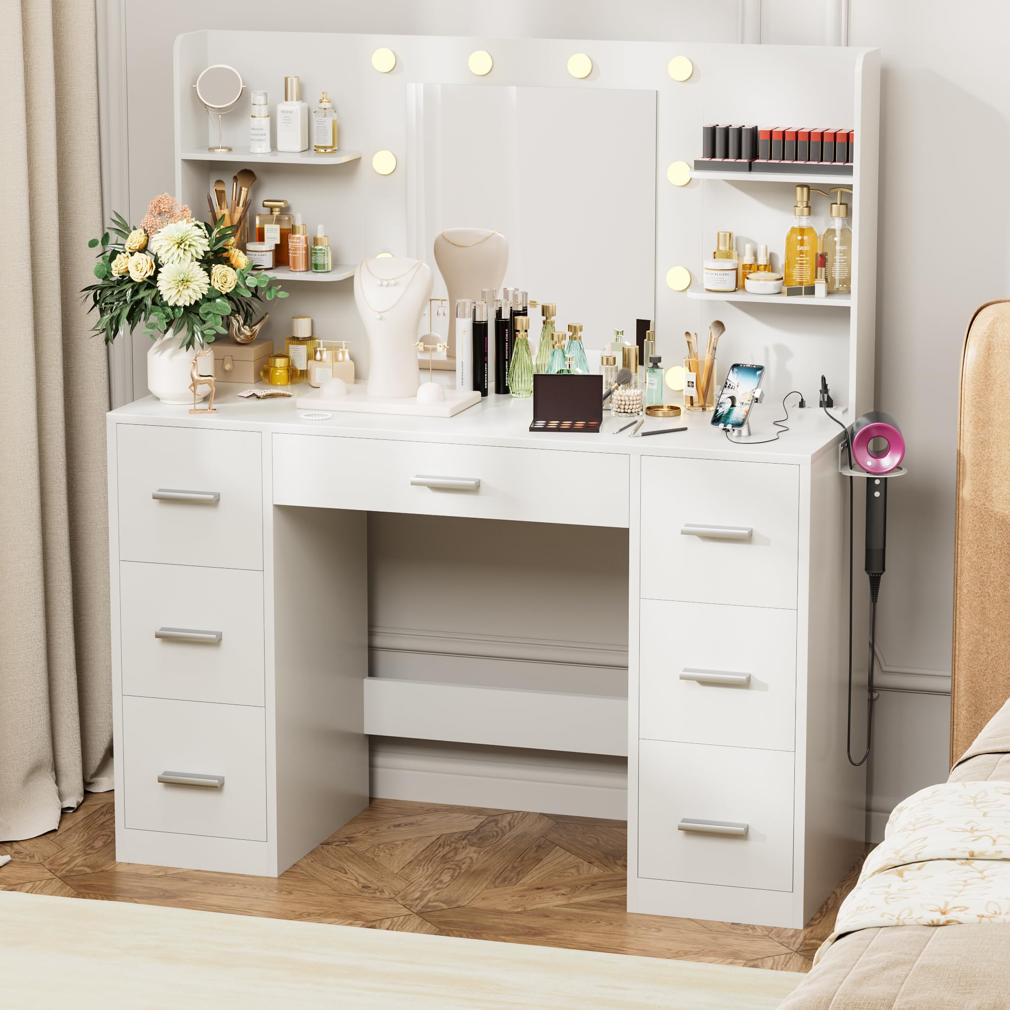 VICTONE Vanity Desk with LED Lighted Mirror&Power Outlet, 3 Model Lights Makeup Vanity Table with 7 Drawers and 6 Storage Shelves for Bedroom and Dressing Room (White)