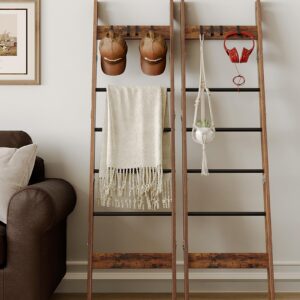 Hzuaneri Blanket Ladder Shelf for Living Room, Decorative Quilt Rack with 4 Removable Hooks, 6-Tier Farmhouse Ladder Holder Organizer for Bedroom, Rustic Brown BR31501B