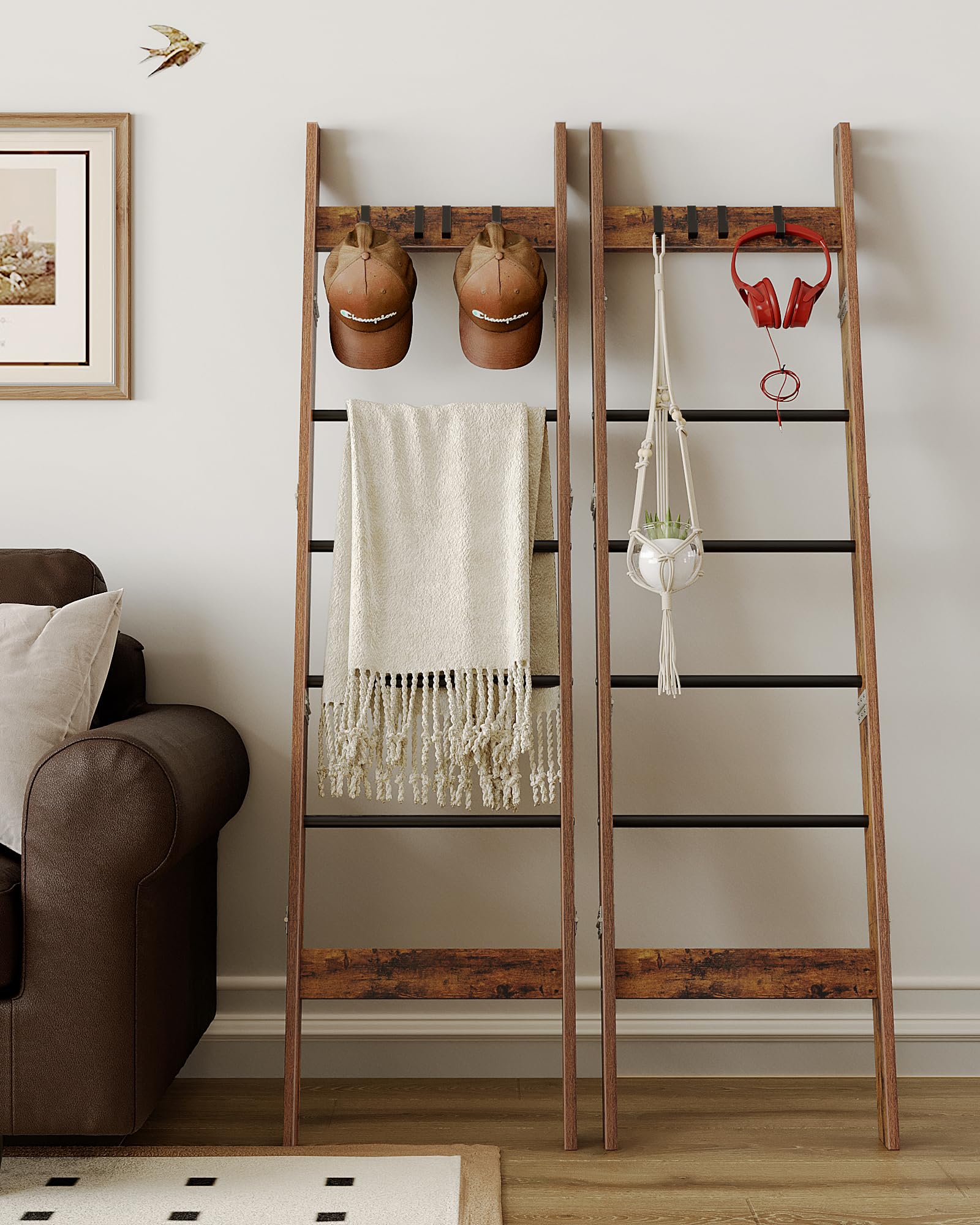 Hzuaneri Blanket Ladder Shelf for Living Room, Decorative Quilt Rack with 4 Removable Hooks, 6-Tier Farmhouse Ladder Holder Organizer for Bedroom, Rustic Brown BR31501B