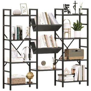 gaomon triple wide 4 tier book shelf, 54.3” large bookcase with 11 open shelves, industrial bookshelves and bookcases with metal frame for home office, study room, living room-black