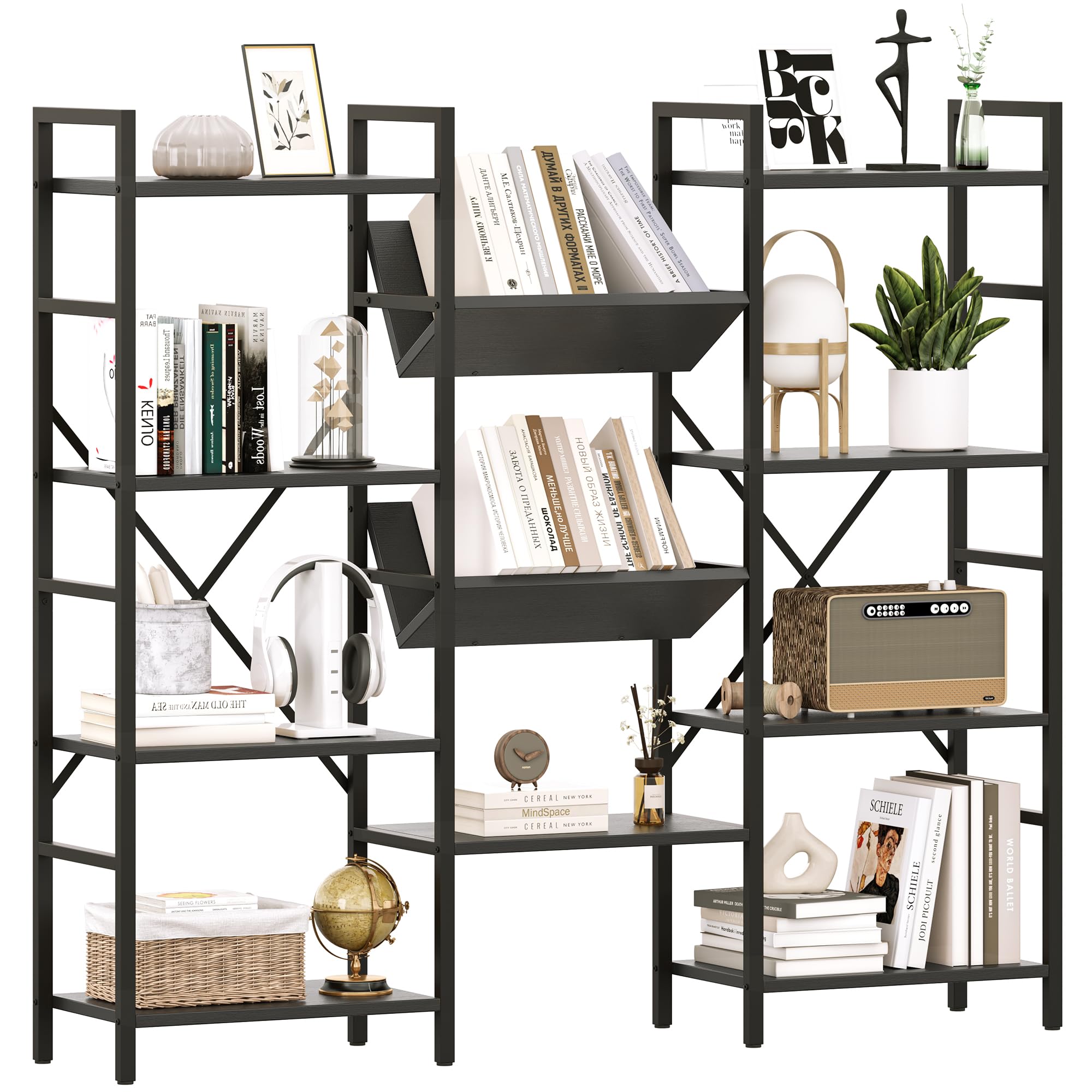 GAOMON Triple Wide 4 Tier Book Shelf, 54.3” Large Bookcase with 11 Open Shelves, Industrial Bookshelves and Bookcases with Metal Frame for Home Office, Study Room, Living Room-Black