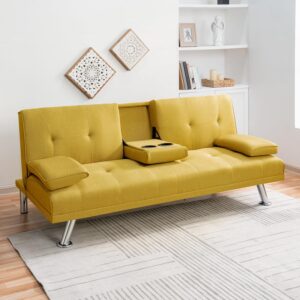 Naomi Home Transform Your Living Space with Comfort Green Futon Sofa Bed with Armrest, Cupholders, & Reclining Function, Ideal for Cozy Living Rooms! Sofa Bed Couch with Metal Legs, Yellow Linen